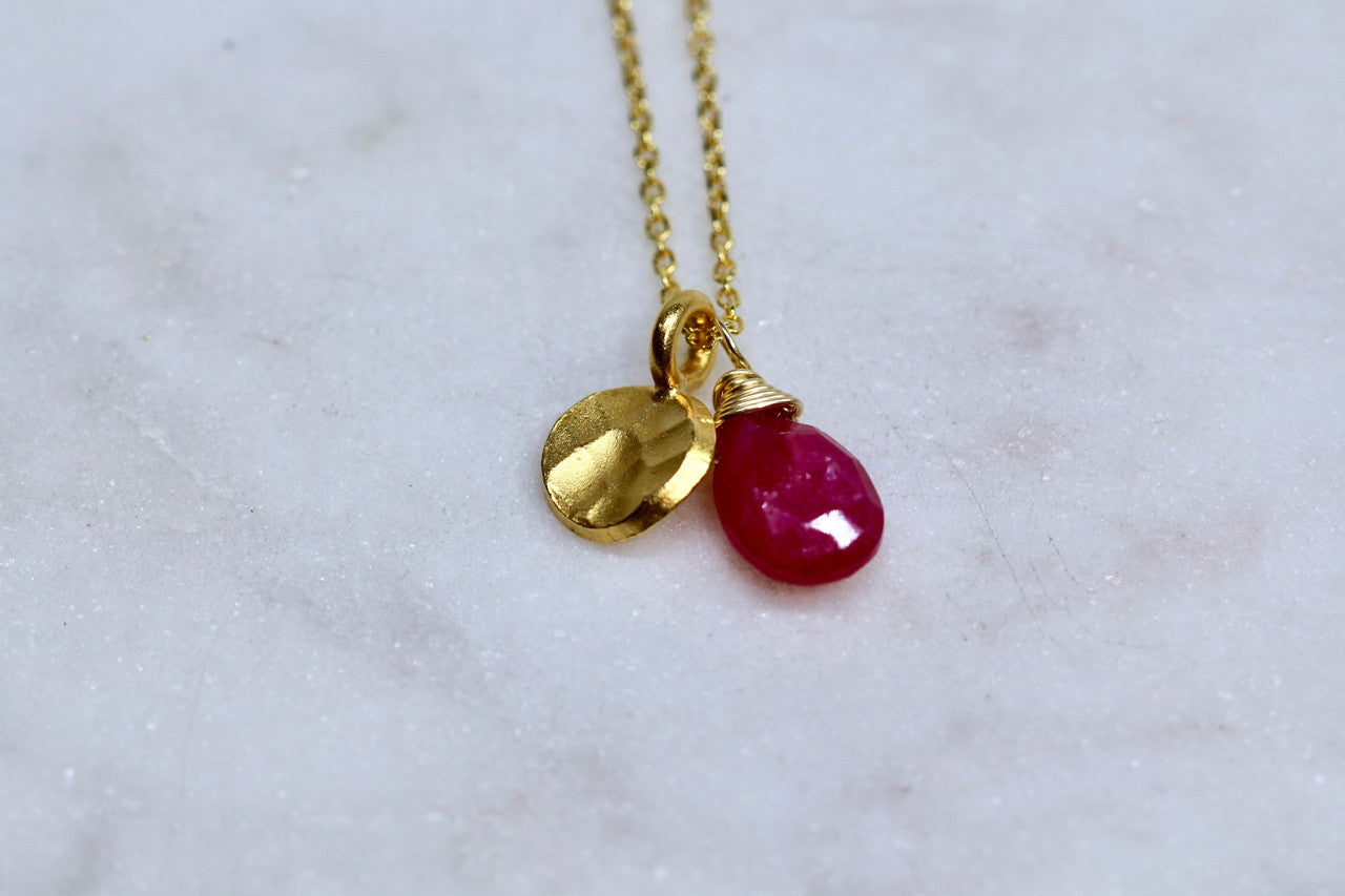 14K Yellow Gold Ruby Hammered Disc Necklace, Ruby, Handmade Hammered D