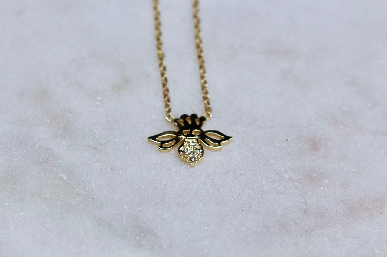 14K Yellow Gold Diamond Bee Necklace, Bee Pendant, 14K Yellow Gold Dia